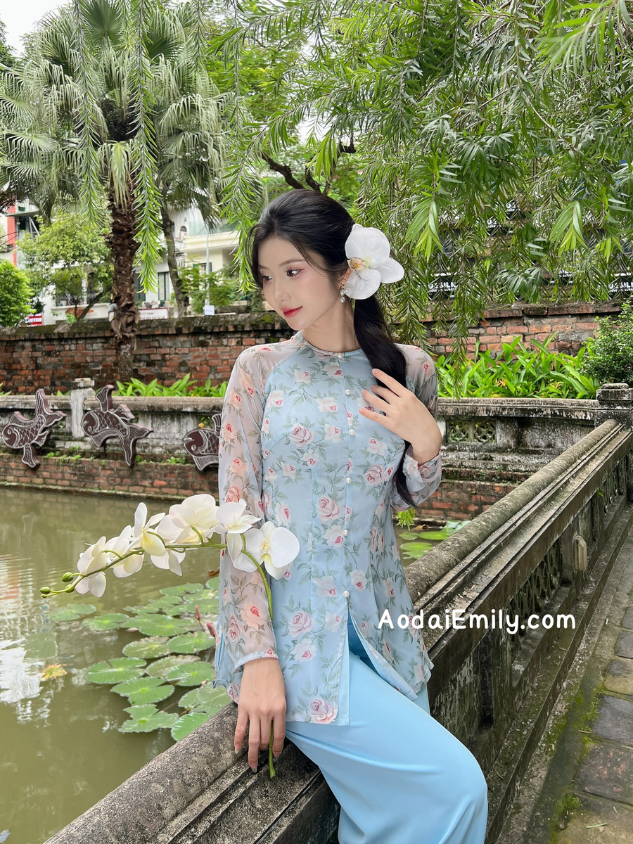 Ao Ba Ba | Mini Rose Blue patterns| Ao Dai Emily