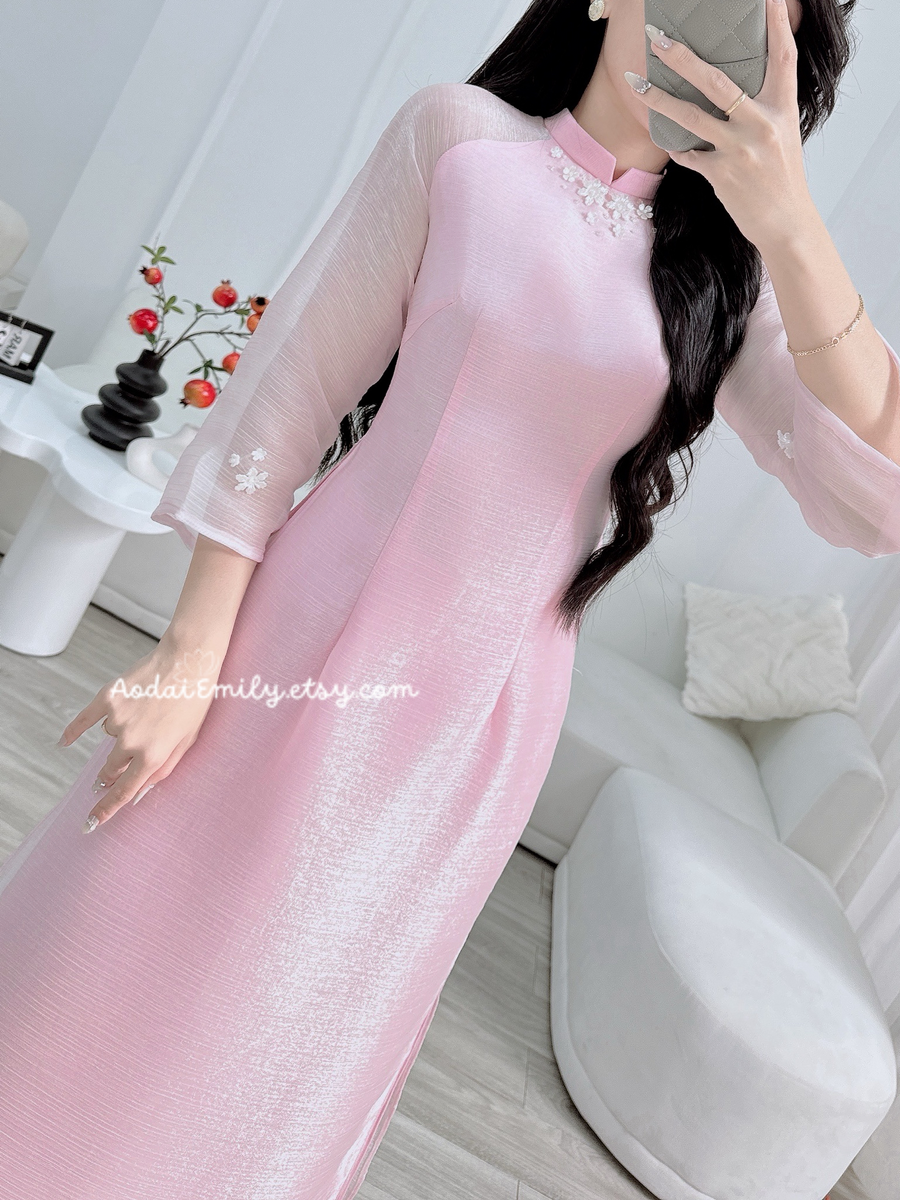 AILSA Simple hand beaded flowers modern ao dai| Ao Dai Emily
