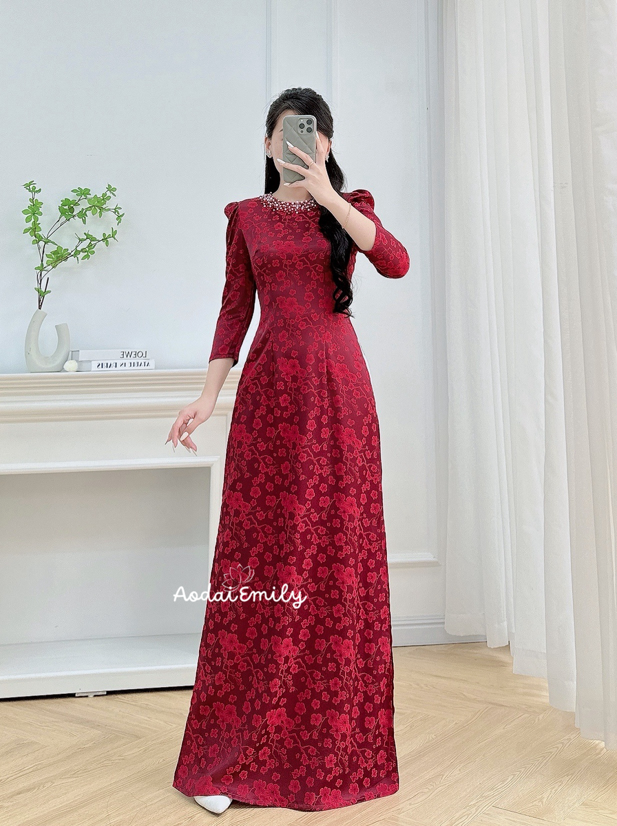 Ao Dai Gấm set with pearls collar| Ao Dai Emily